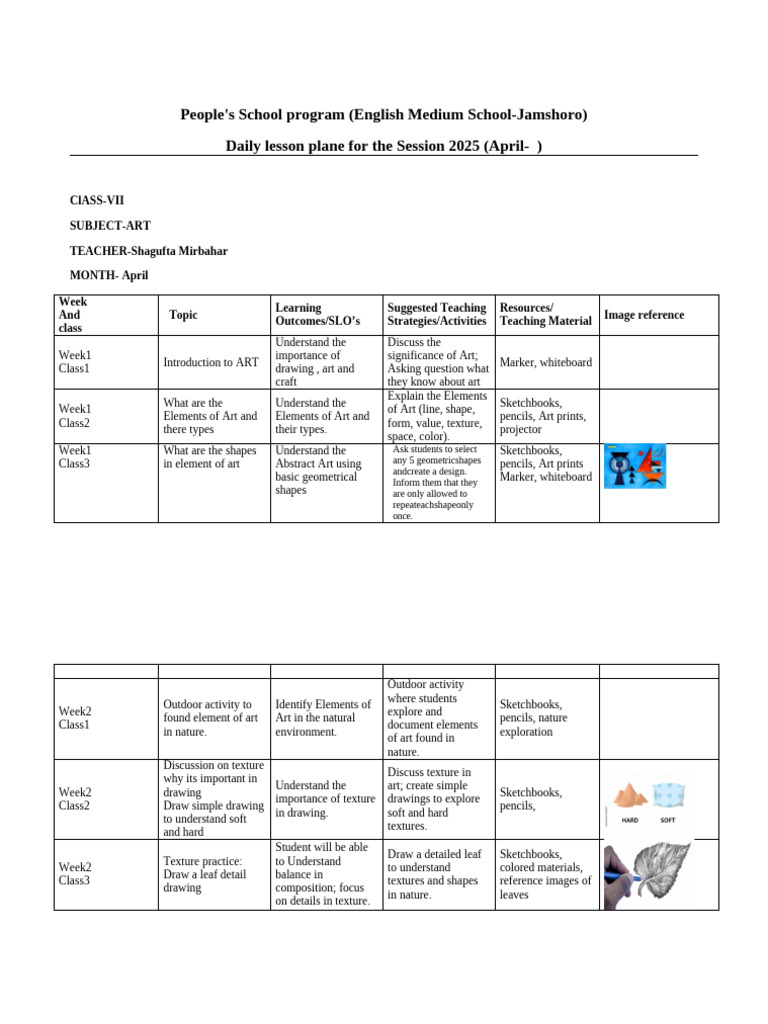 Class 7 Lesson Plane Mid Term 2025 | PDF | Drawing | Composition ...