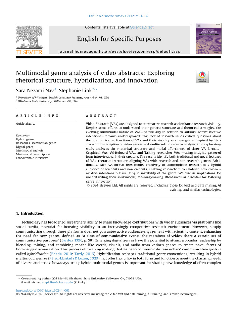 Multimodal genre analysis of video abstracts- Exploring rhetorical ...