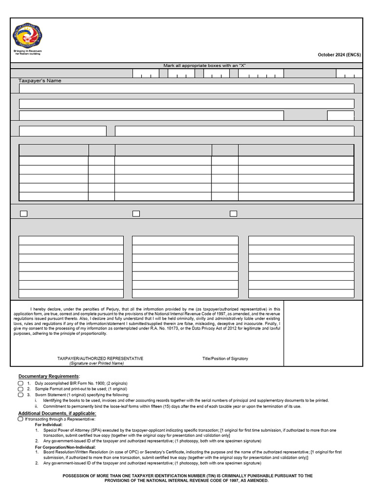 BIR Form 1900: Permit for Loose-Leaf Records | PDF | Government | Justice