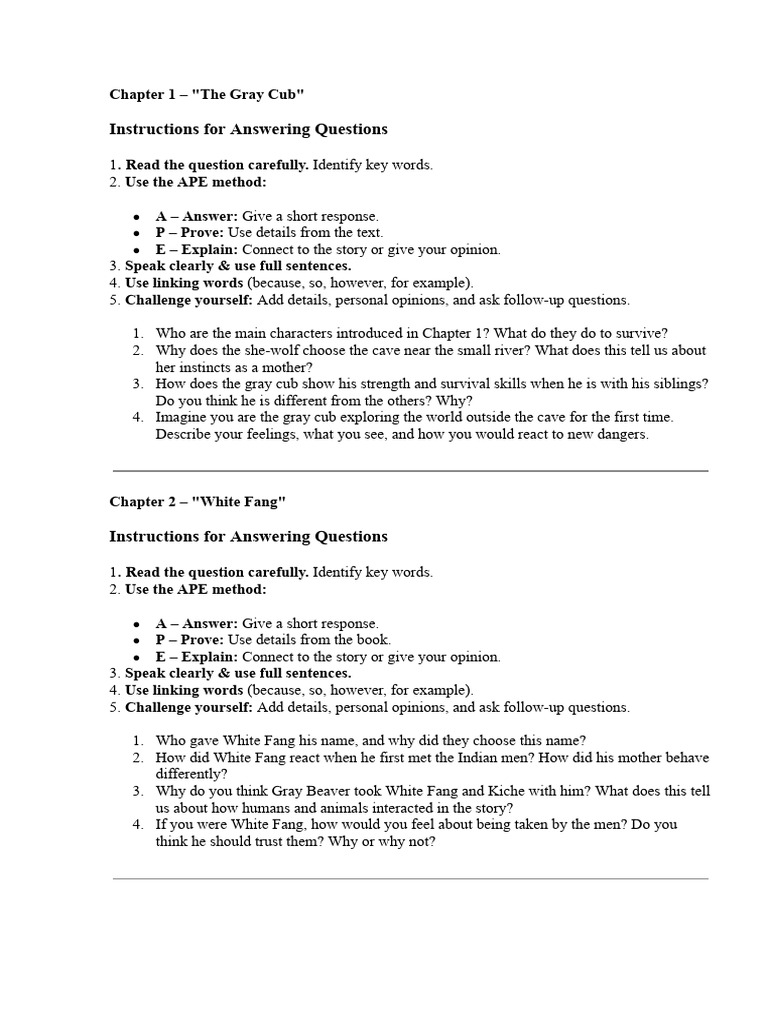 White Fang Speaking Questions To Print | PDF | White Fang | Question