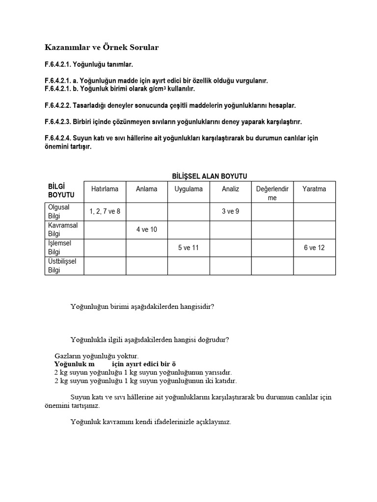 Ornek Sorular Belirtke Tablosu 1 | PDF