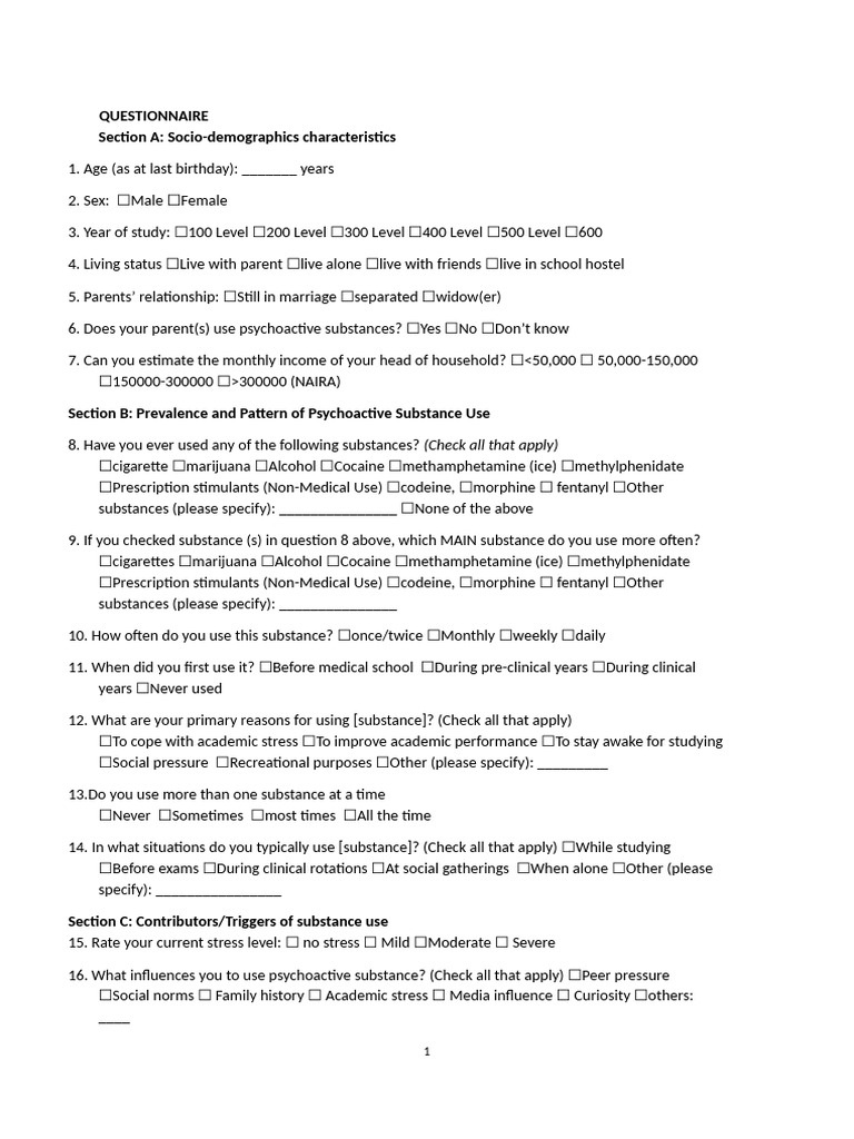 Psychoactive Substance Use Questionnaire | PDF | Substance Abuse ...