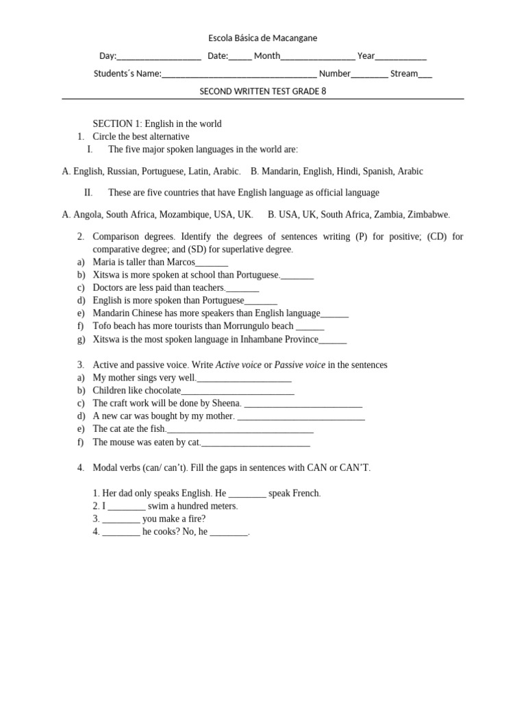 First Written Test Grade 8-1 | PDF