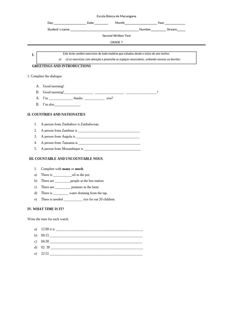 1st Written Test of English G. 7-1 | PDF