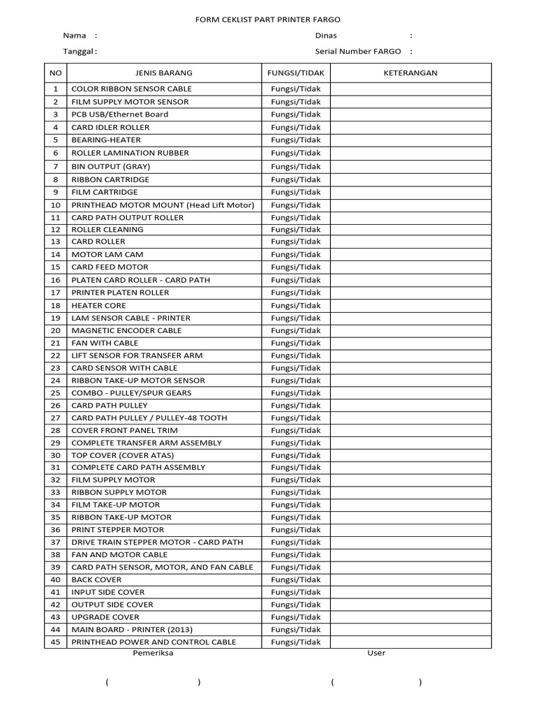 Ceklist Komponen Printer Fargo | PDF
