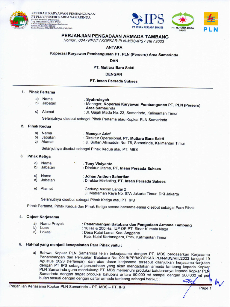 Kerjasama Armada Tambang PLN Samarinda | PDF