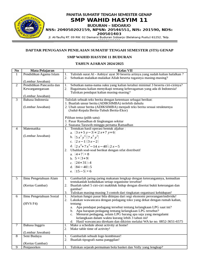 Daftar Penugasan Penilaian Sumatif Tengah Semester | PDF