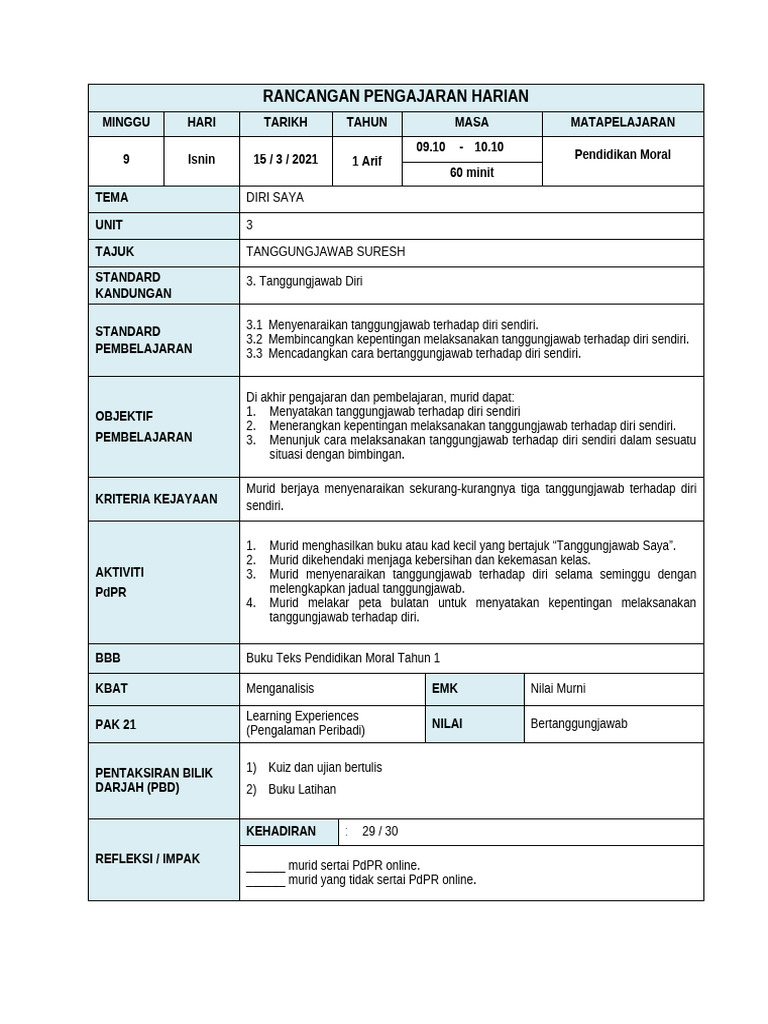 RPH MORAL TAHUN 1 | PDF