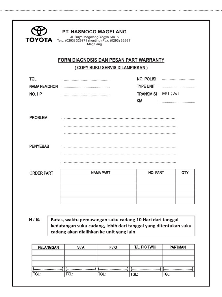 Form Nasmoco Magelang. Cetak 1rim Nota Kertas NCR Putih Tinta Hitam | PDF