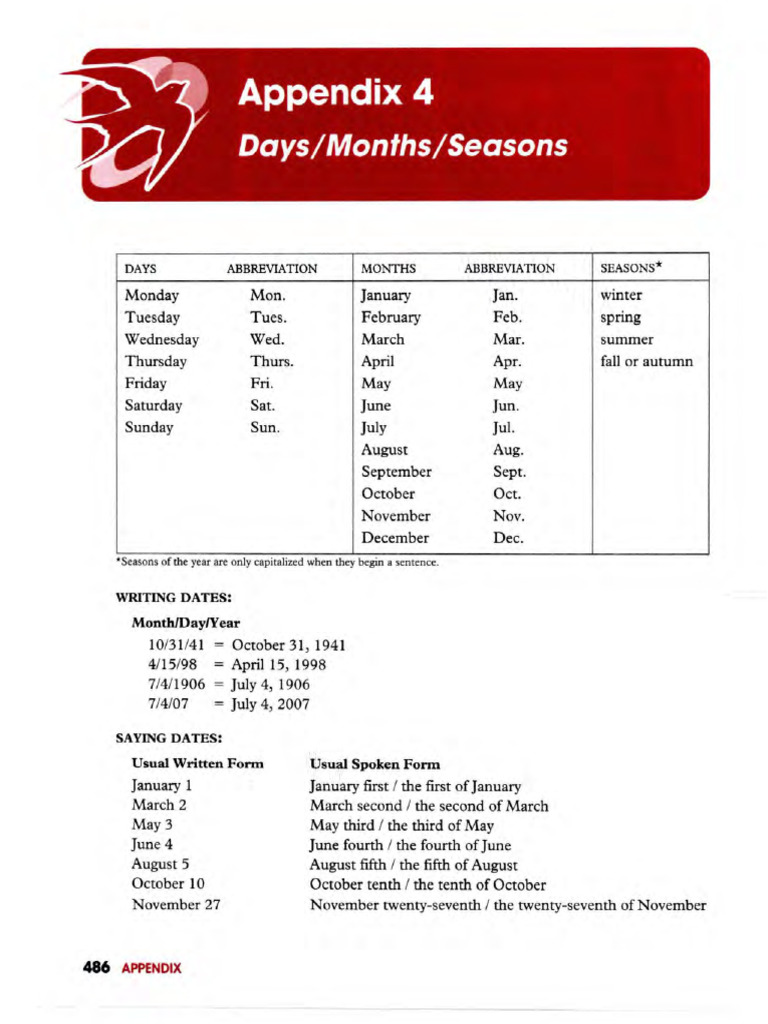 Days and Dates Reference Guide | PDF