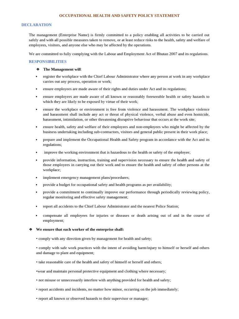 OHS Policy Statement for Workplace Safety | PDF | Occupational Safety ...