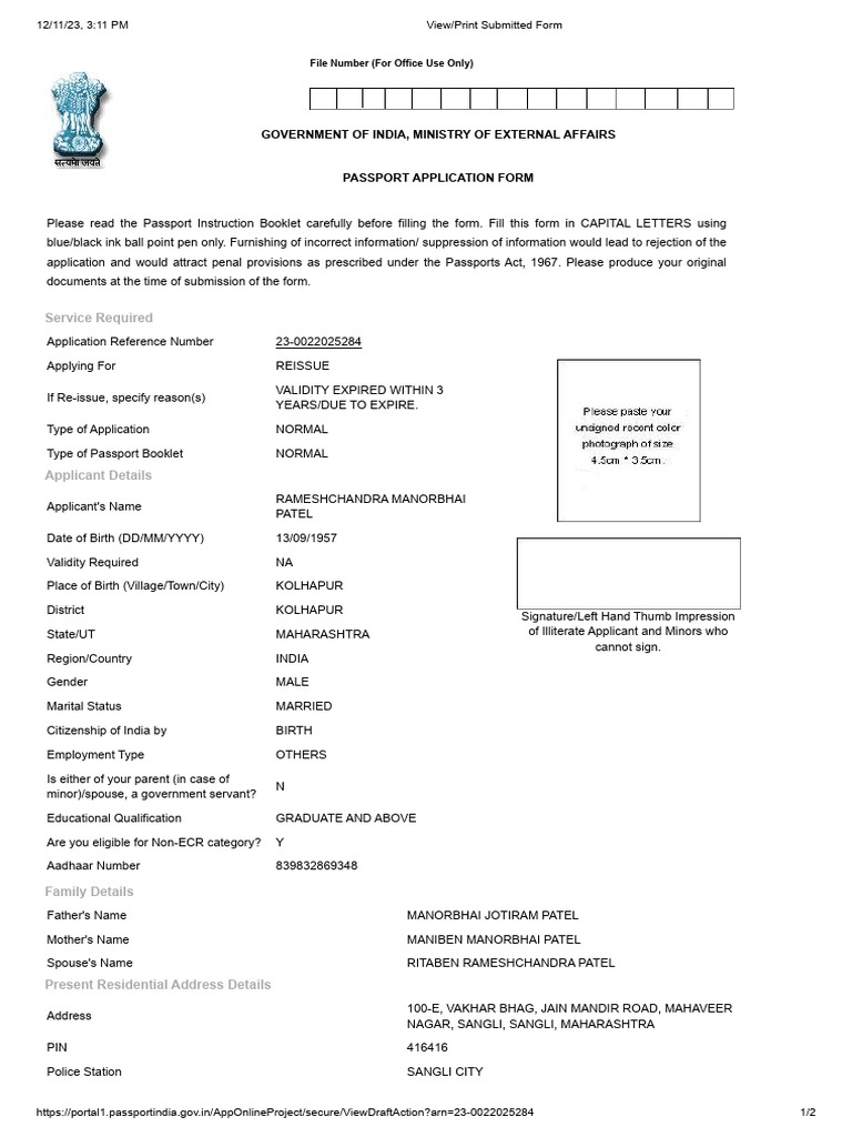 View_Print Submitted Form-RAMESHCHANDRA MANORBHAI PATEL | PDF | Passport | International Law