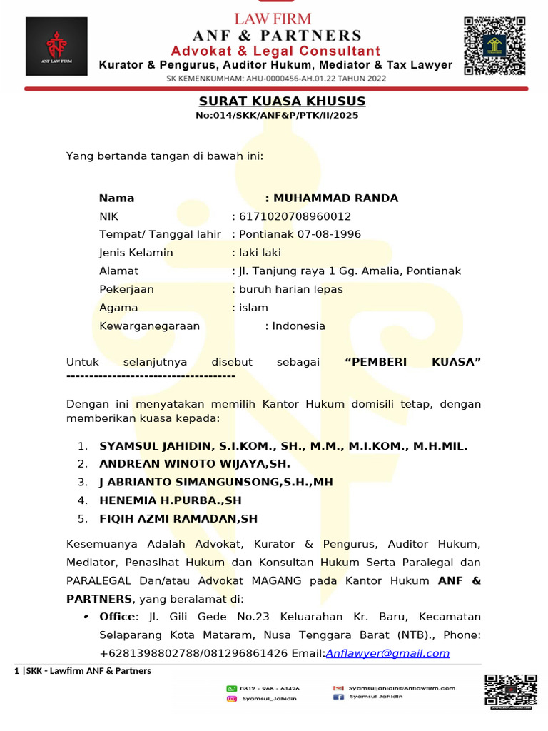 Surat Kuasa Khusus Muhammad Randa New | PDF