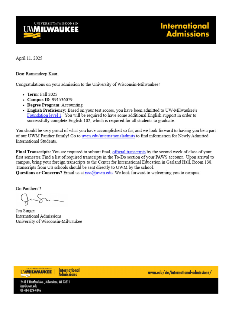 UWM Admission Confirmation and Transcript Info | PDF