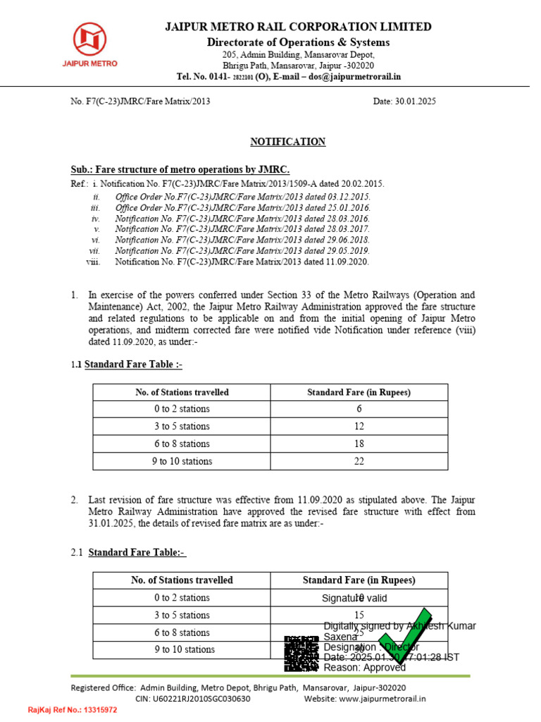 Notification of Fare Revision Effective From 31.01.2025 | PDF | Public ...