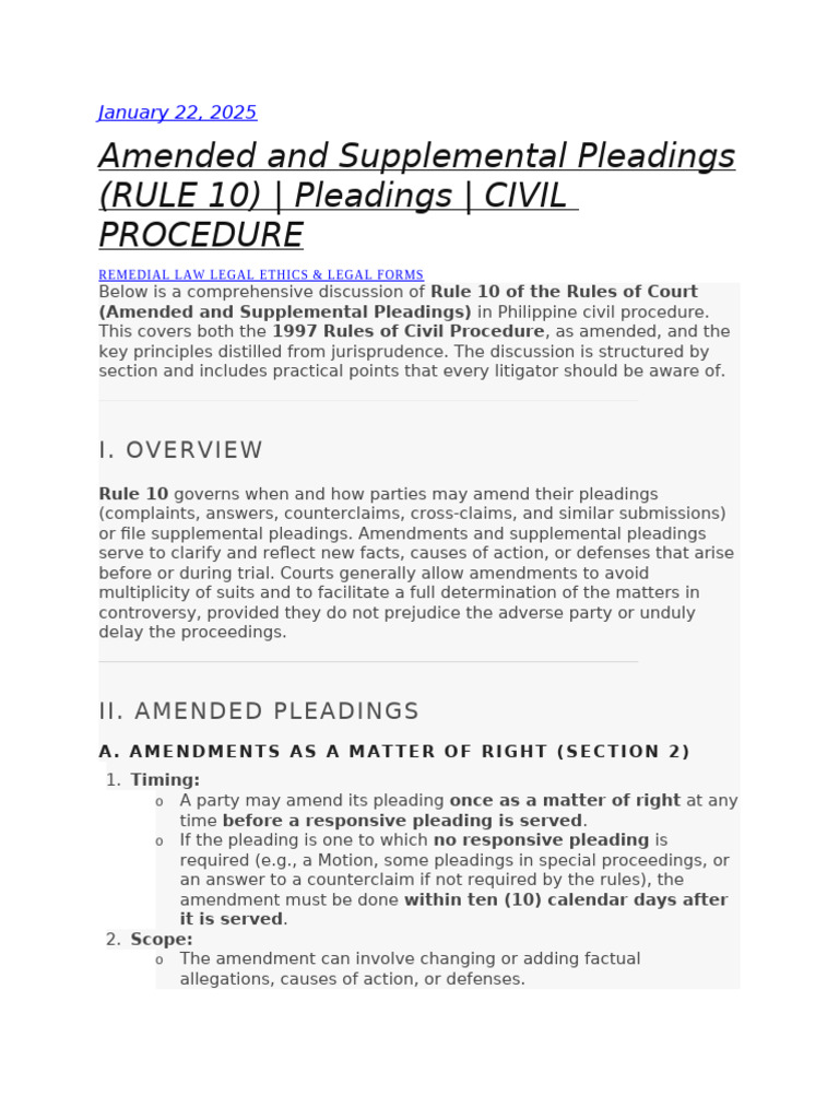 Rule 10 of the 1997 Rules of Civil Procedure Amended and Supplemental Pleadings | PDF | Lawsuit ...