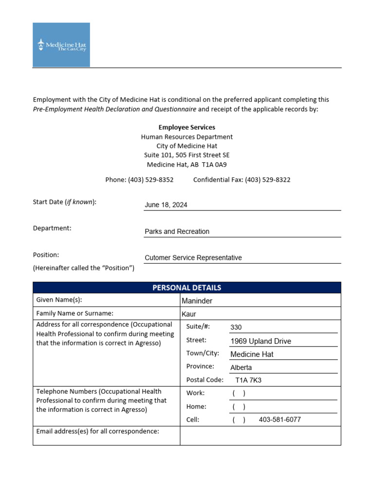 OHP Pre-Employment Health Declaration and Questionnaire | PDF | Occupational Safety And Health ...