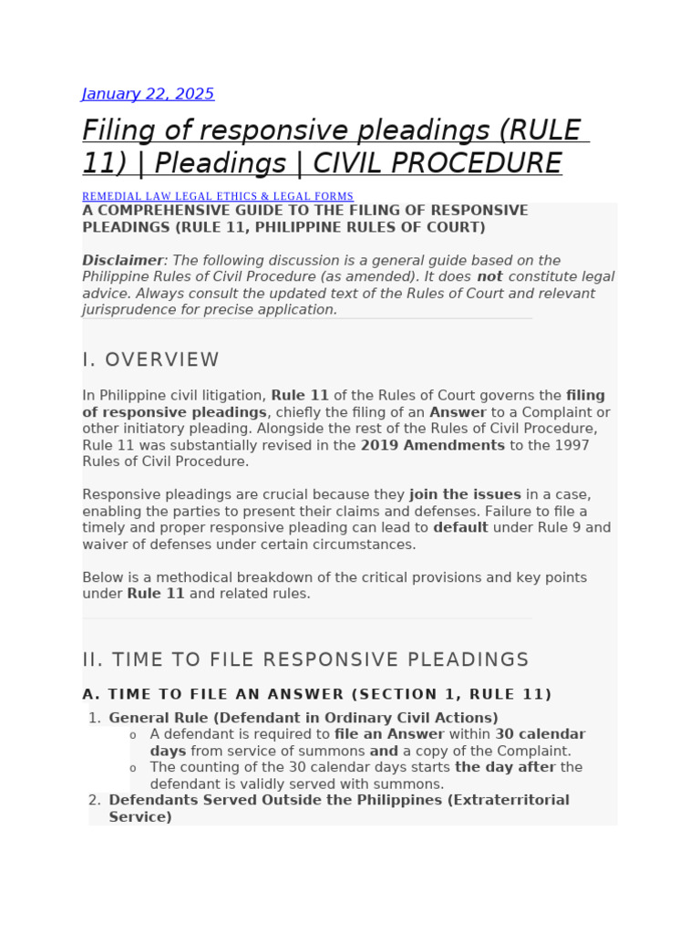 Rule 11 of The 1997 Rule of Civil Procedure When To File Responsive ...