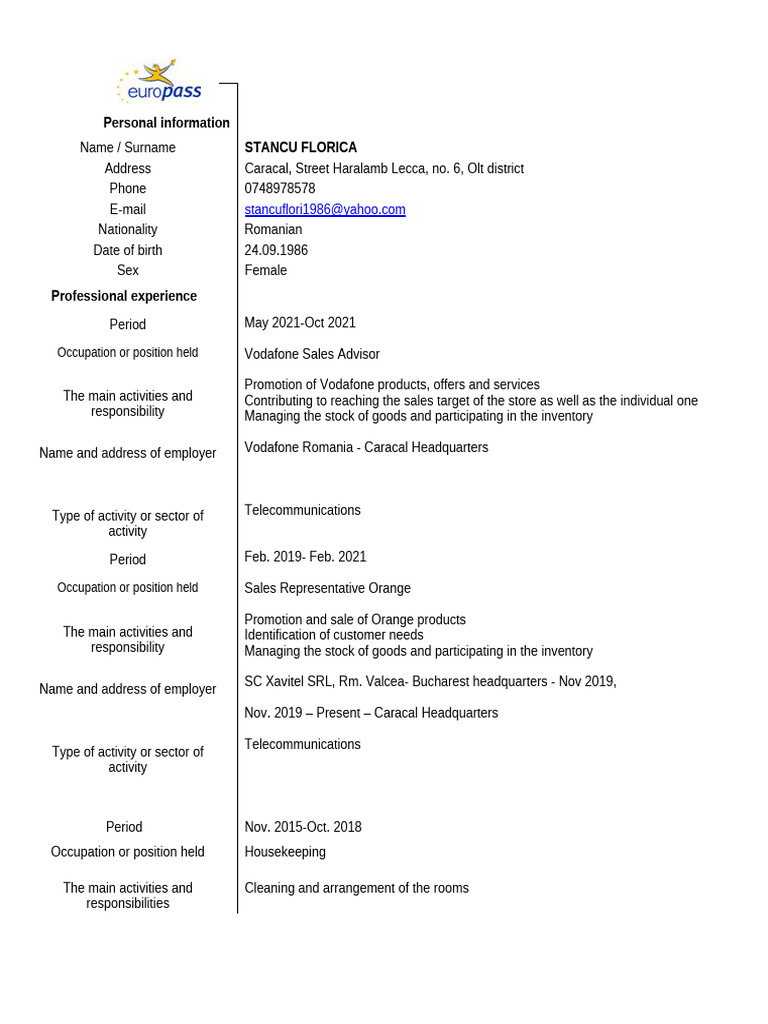 CV Engleza Stancu Flori | PDF | Business