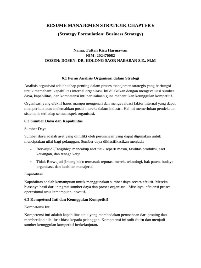 Resume Manajemen Stratejik Chapter 6_202470082_fattan Rizq h | PDF