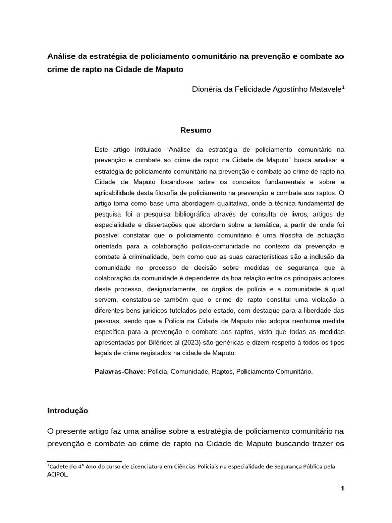 Policiamento Comunitário e Raptos em Maputo | PDF | Polícia | Extorsão