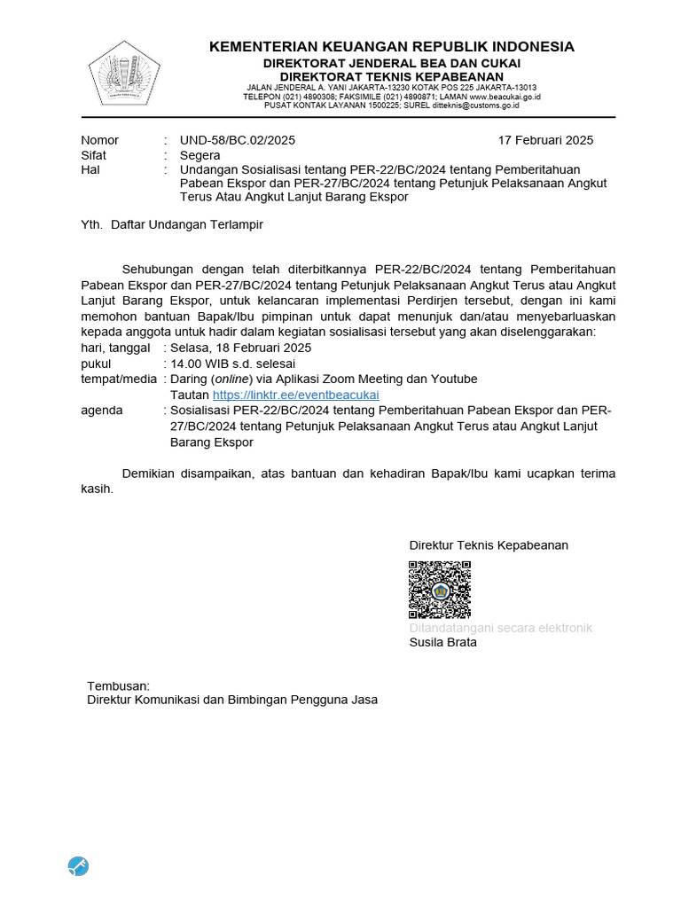 Undangan Sosialisasi Tentang PER22BC2024 Tentang Pemberitahuan Pabean Ekspor Dan PER27BC2024 ...