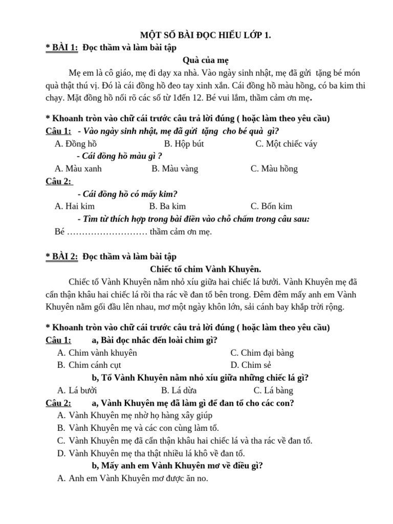 Kho de Doc Hieu Lop 1 Nga - 94202320 | PDF