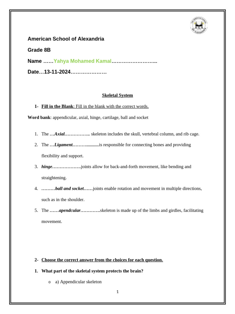 Skeletal System Work Sheet 1 | PDF | Skeleton | Primate Anatomy
