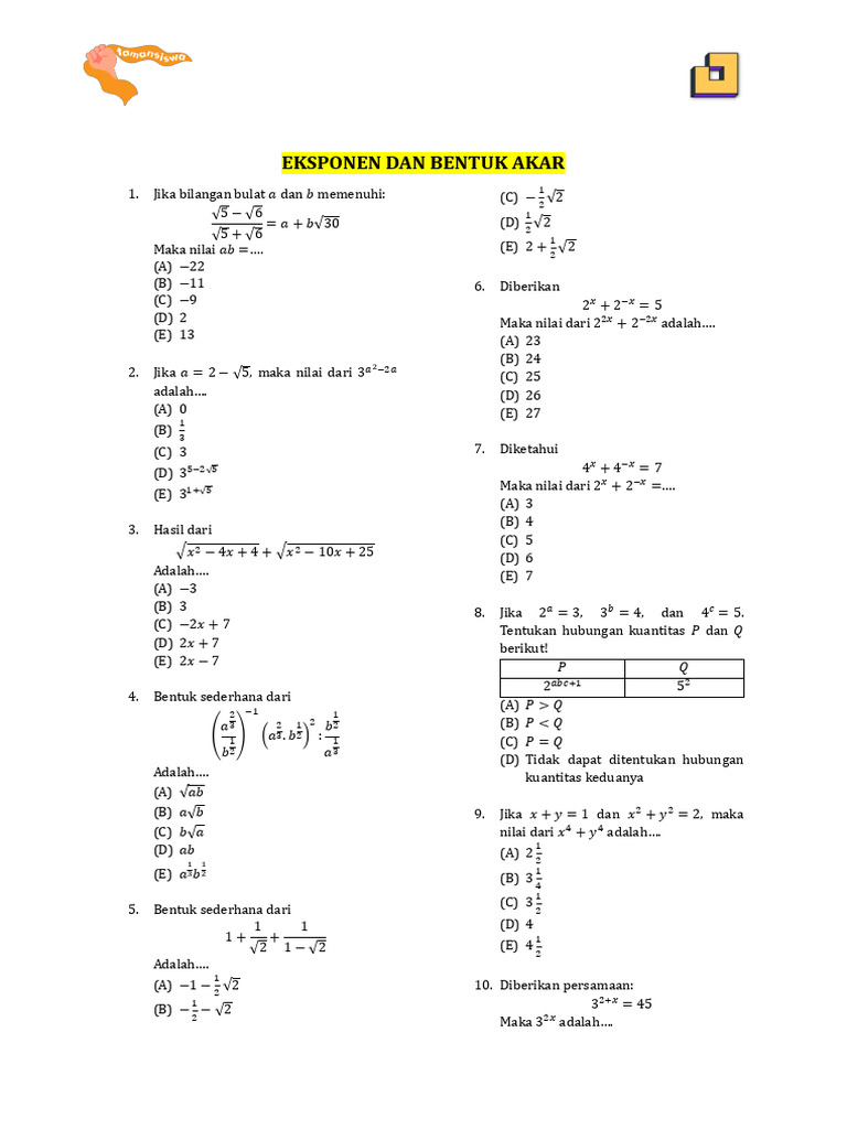Soal Materi - Eksponen Dan Bentuk Akar | PDF