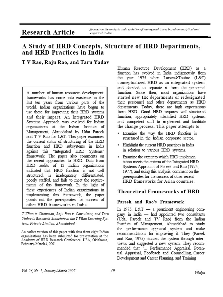 Rao Et Al 2001 A Study of HRD Concepts Structure of HRD Departments and HRD Practices in India ...