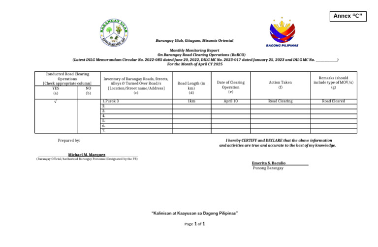 First Page Annex-C_Barangay-BaRCO-Monthly-Monitoring-Report-Template ...