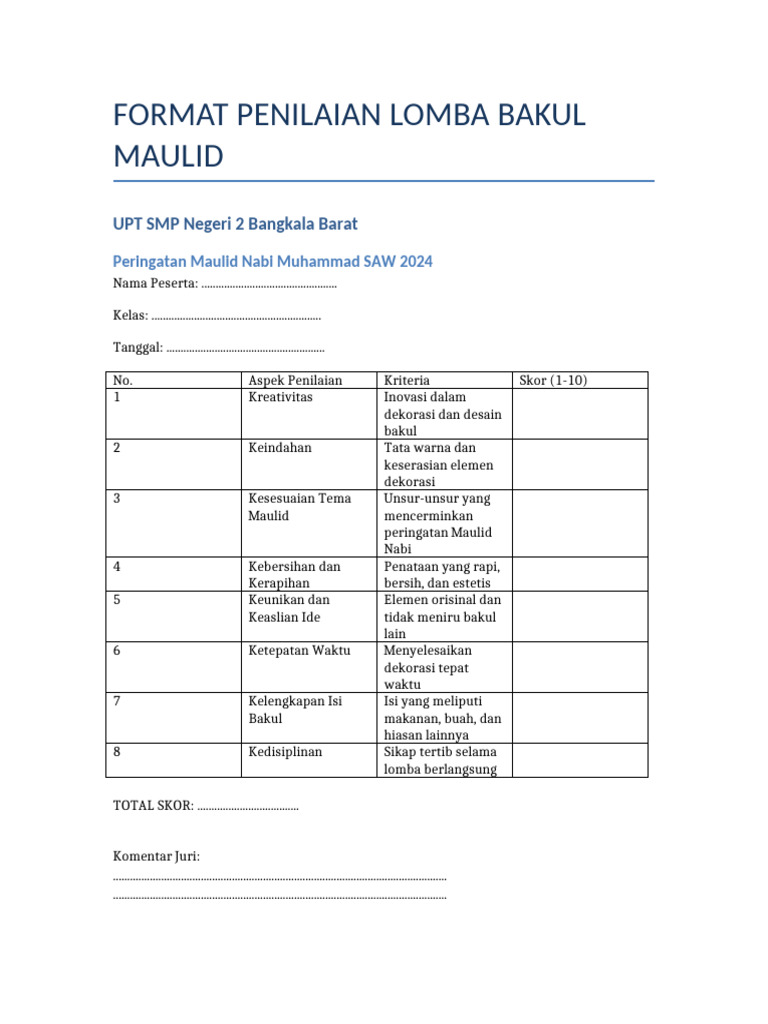 Format Penilaian Lomba Bakul Maulid | PDF