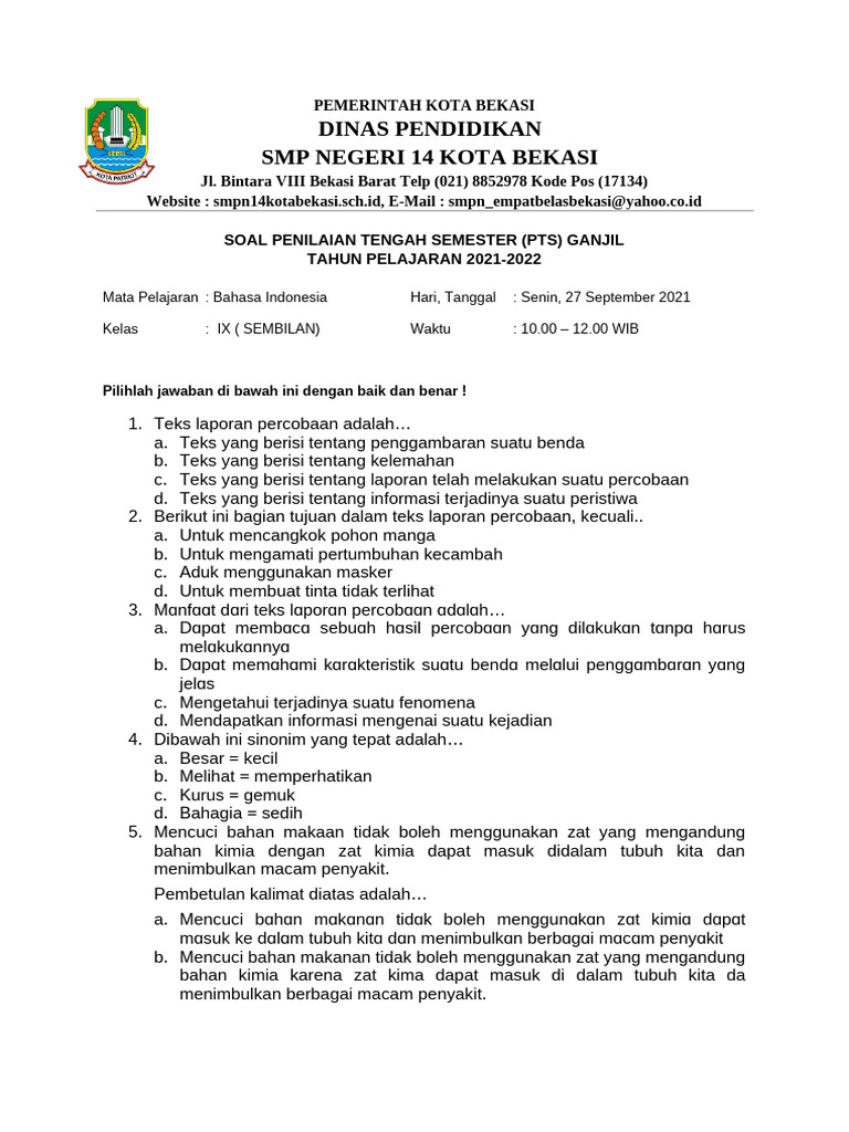 SOAL PTS GANJIL BAHASA INDONESIA KELAS IX ( SEMBILAN ) | PDF