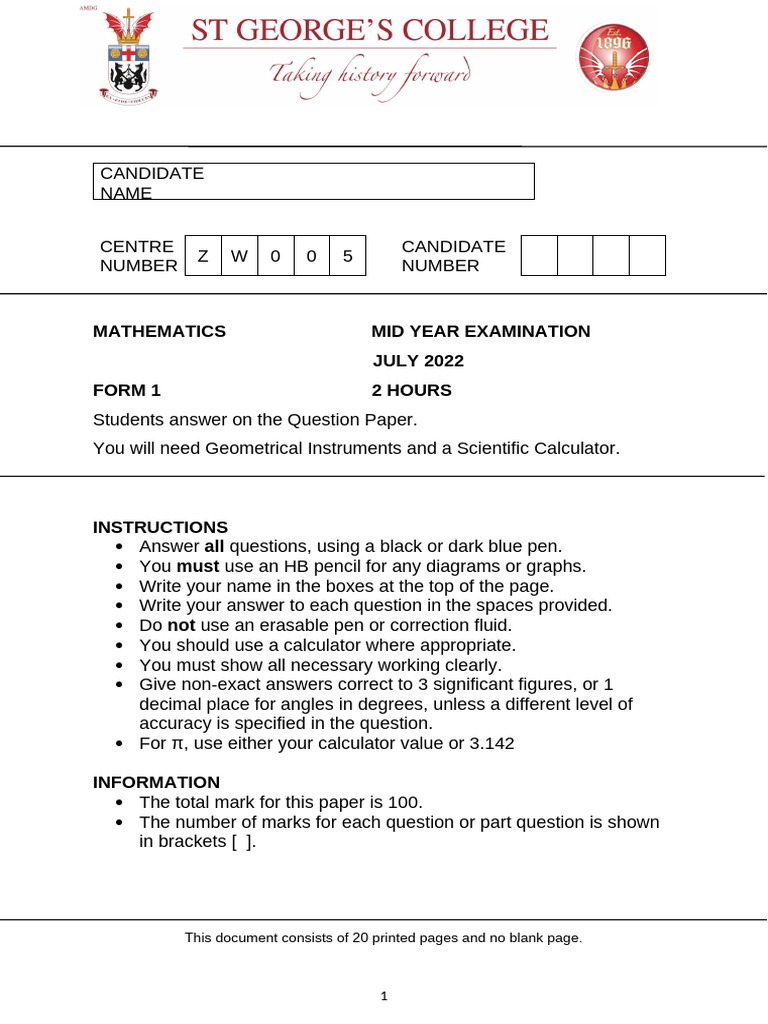 Form 1 Mathematics Mid-Year Exam 2022 | PDF