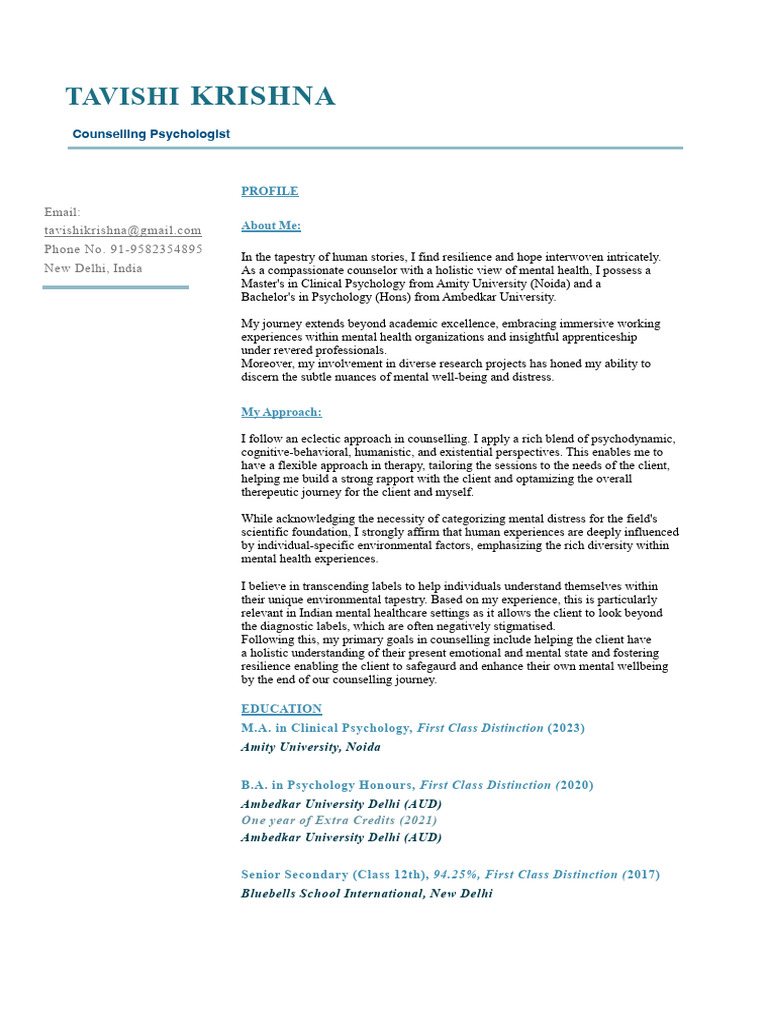 C.V. - Tavishi Krishna | PDF | Psychology | Psychotherapy