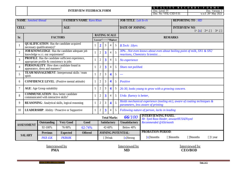 2.Interview Feedback Form Muhammad Arsalan | PDF | Cognition | Social Psychology