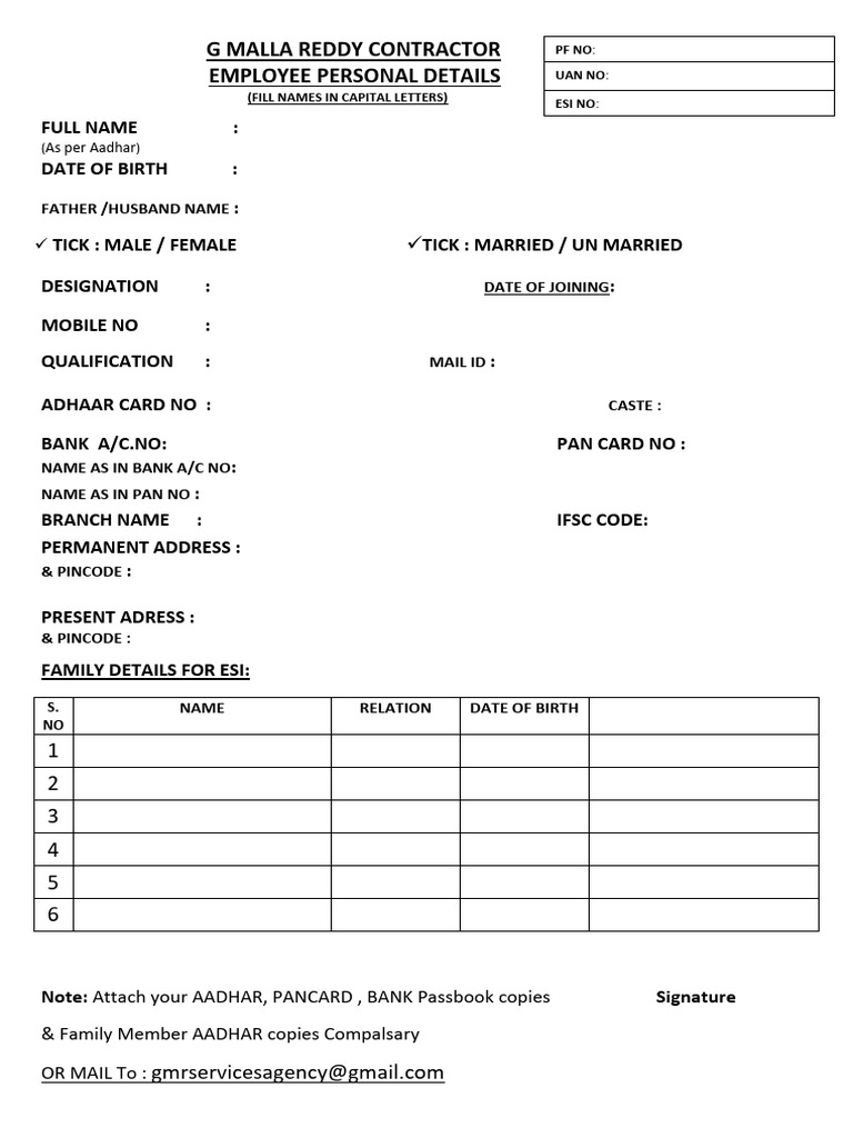 Employee Personal Details Form | PDF
