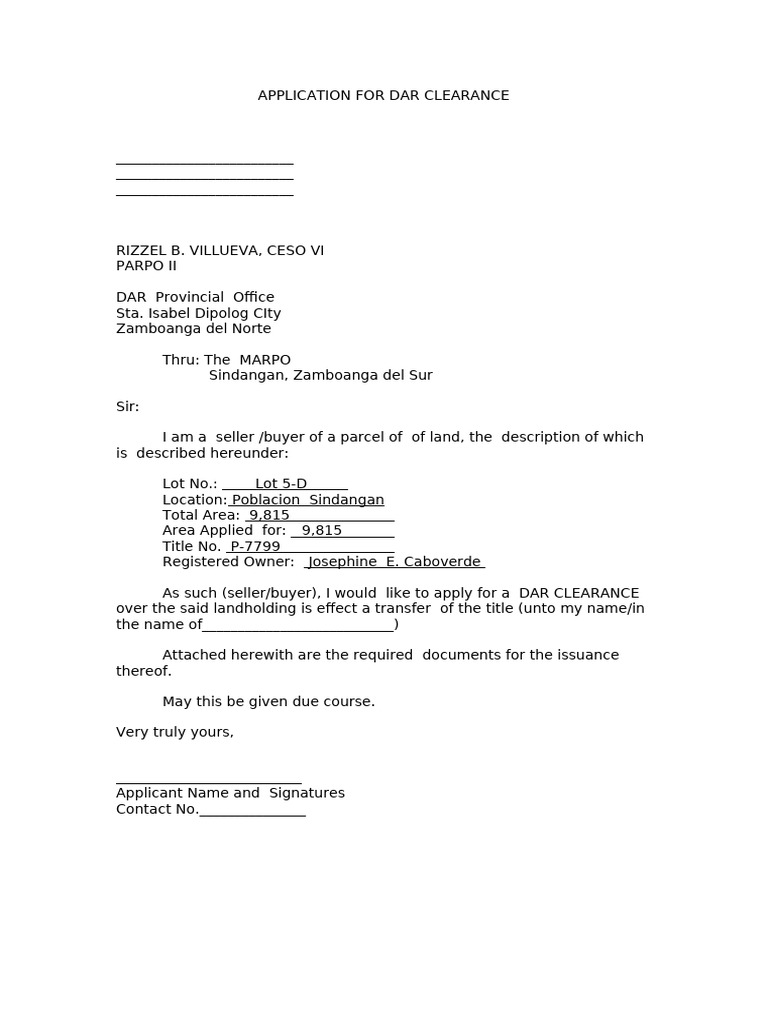 DAR Clearance Application for Land Transfer | PDF | Affidavit | Natural ...