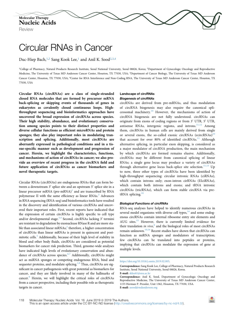 Circular RNAs in Cancer - 2019 - Molecular Therapy - Nucleic Acids | PDF | Rna Splicing | Rna