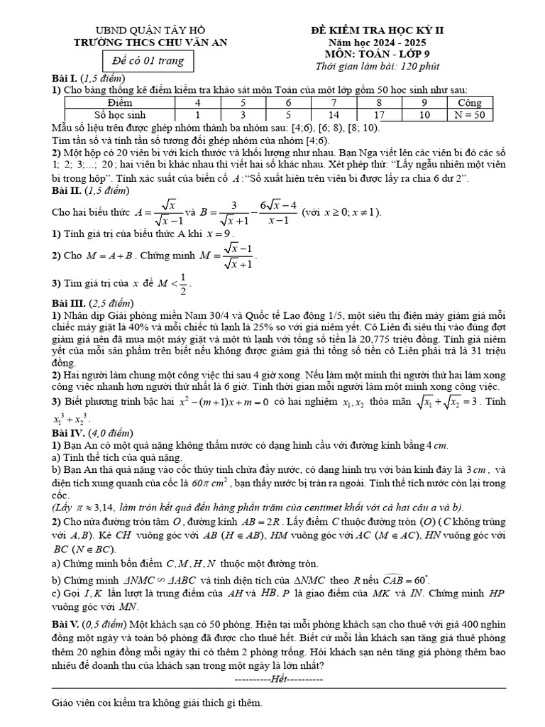 De Hoc Ky 2 Toan 9 Nam 2024 2025 Truong Thcs Chu Van An Ha Noi | PDF