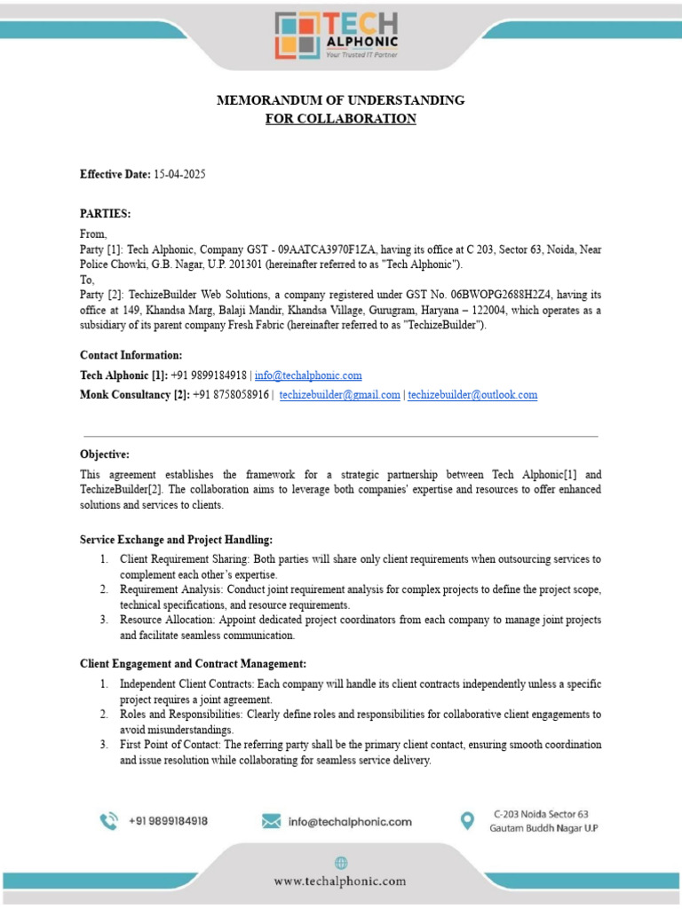 Tech Alphonic & TechizeBuilder MOU | PDF | Private Law | Business Law