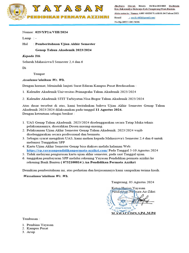 Surat Pemberitahuan UAS Th.2023.2024 | PDF