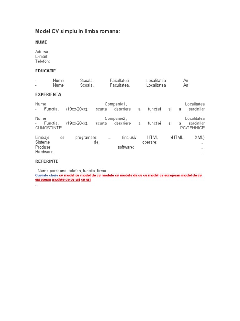 Model CV Simplu in Limba Romana | PDF