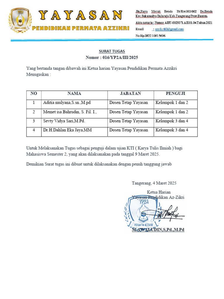 Surat Tugas Penguji KTI Mahasiswa Semester 2 | PDF