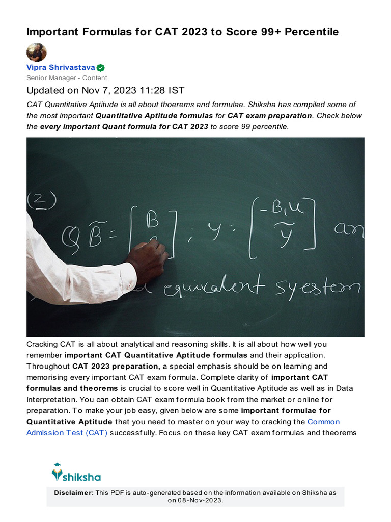 Important CAT Quant Formulas 2023 | PDF | Mathematics