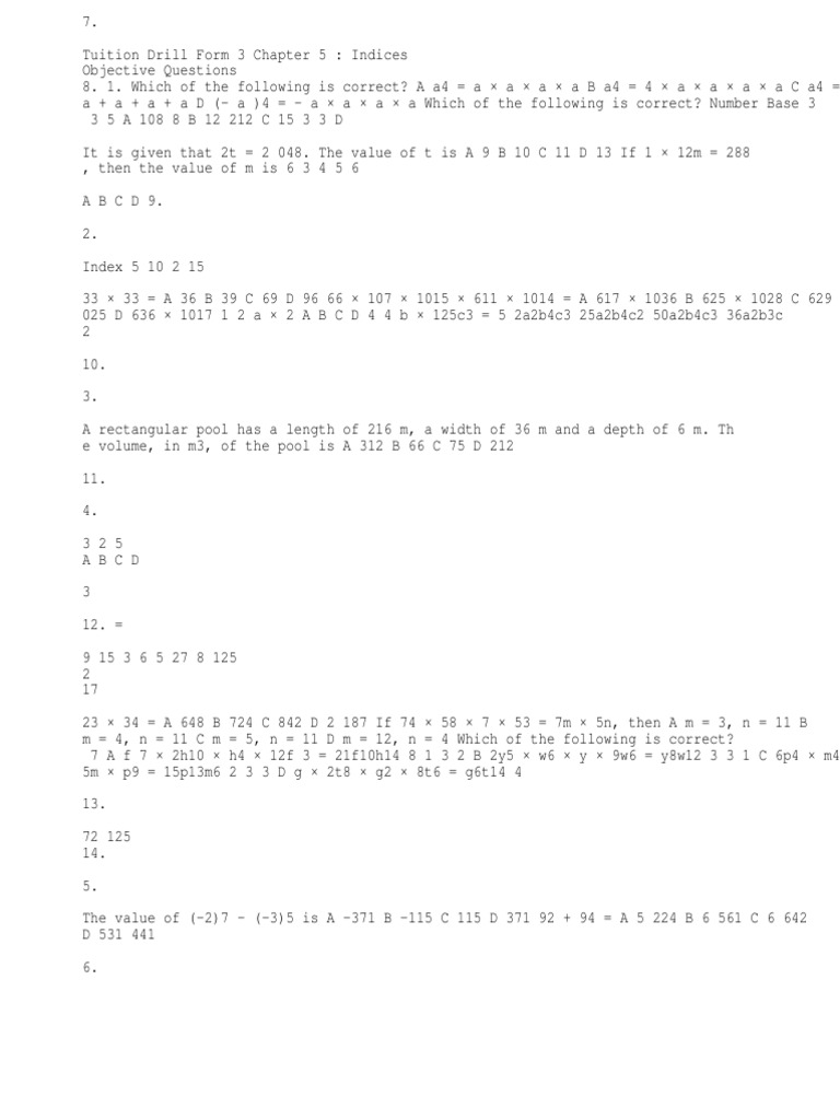 Form 3 Indices Exercises | PDF | Teaching Mathematics