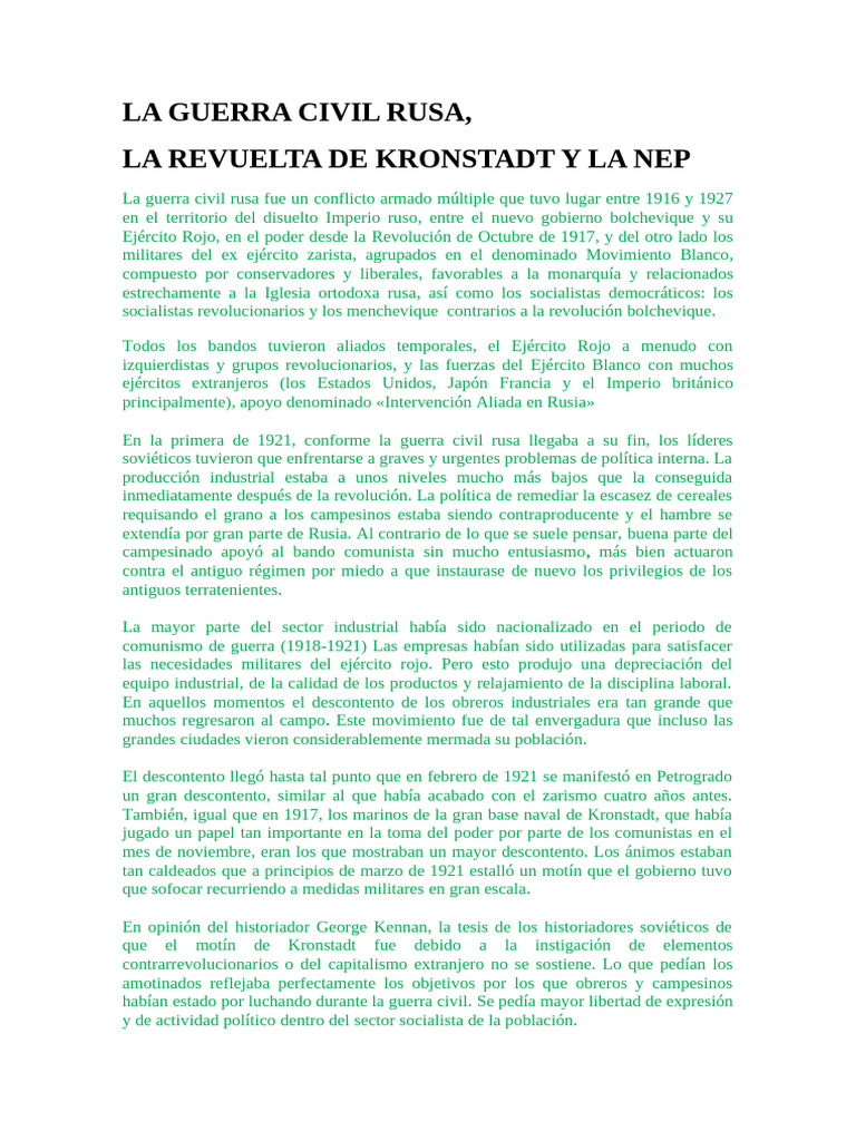 La Guerra Civil Rusa La Revuelta de Kronstadt y La Nep | PDF | Imperio ruso | Unión Soviética