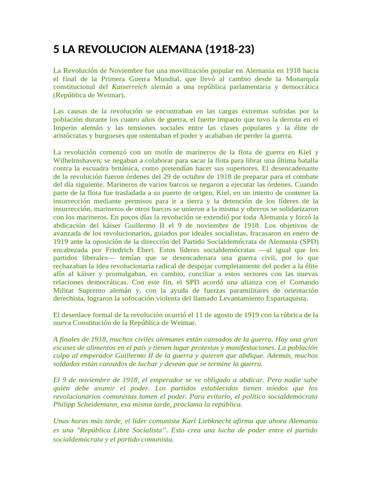 Revolución Alemana 1918-1923: Causas y Consecuencias | PDF | Primera ...