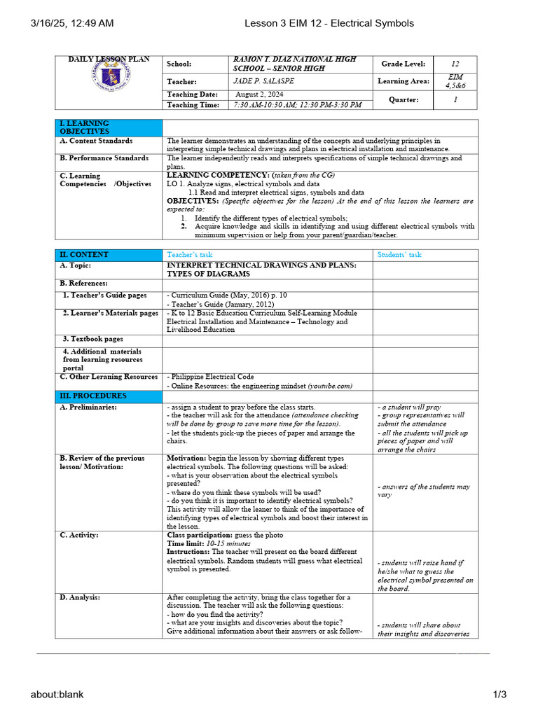 Understanding Electrical Symbols in EIM | PDF | Learning | Teachers