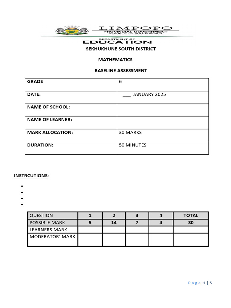 2025 Grade 6 Baseline Assessment Term-1 | PDF | Mathematics